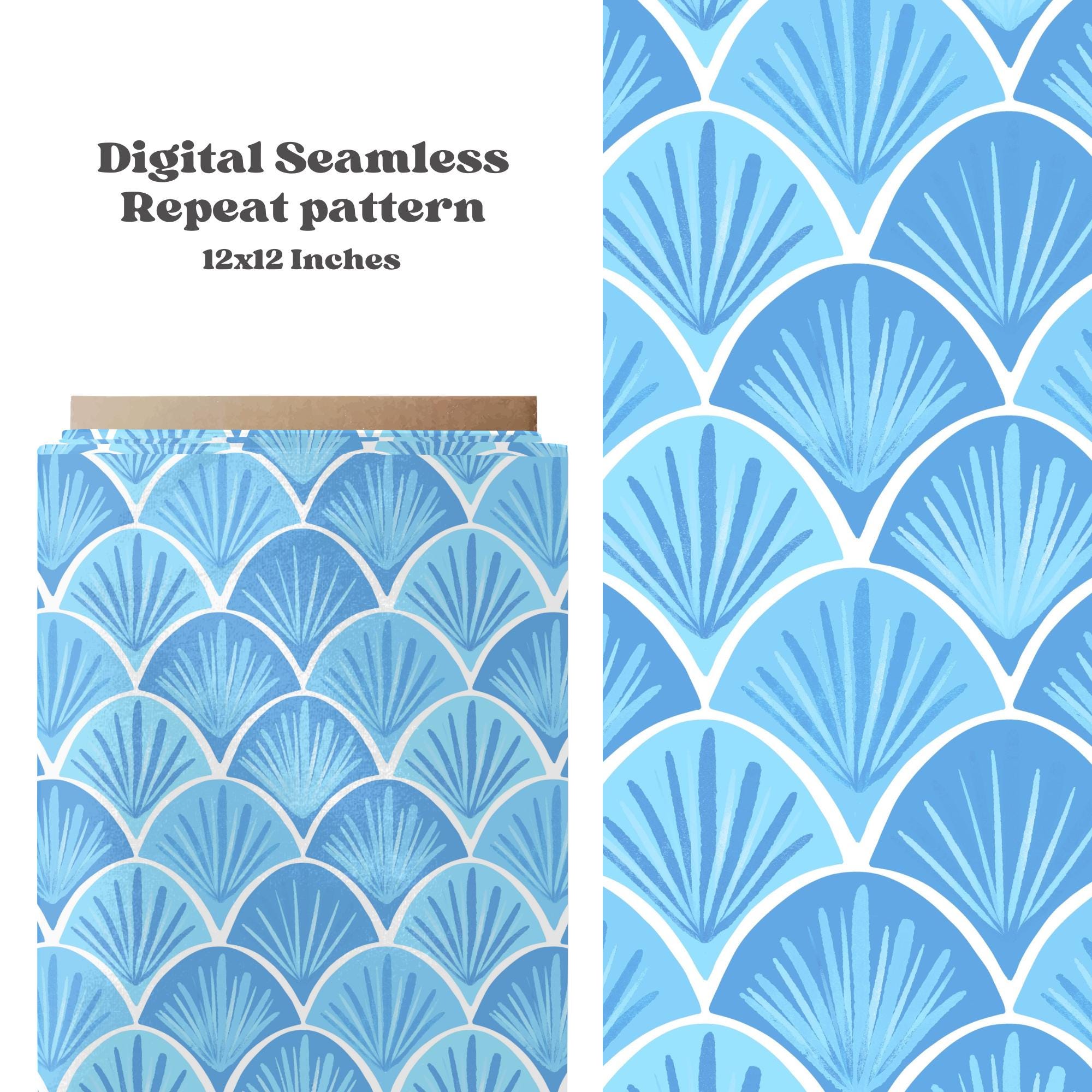 Blue Watercolor Scallops Seamless Pattern for Summer, Mermaid Scale ...