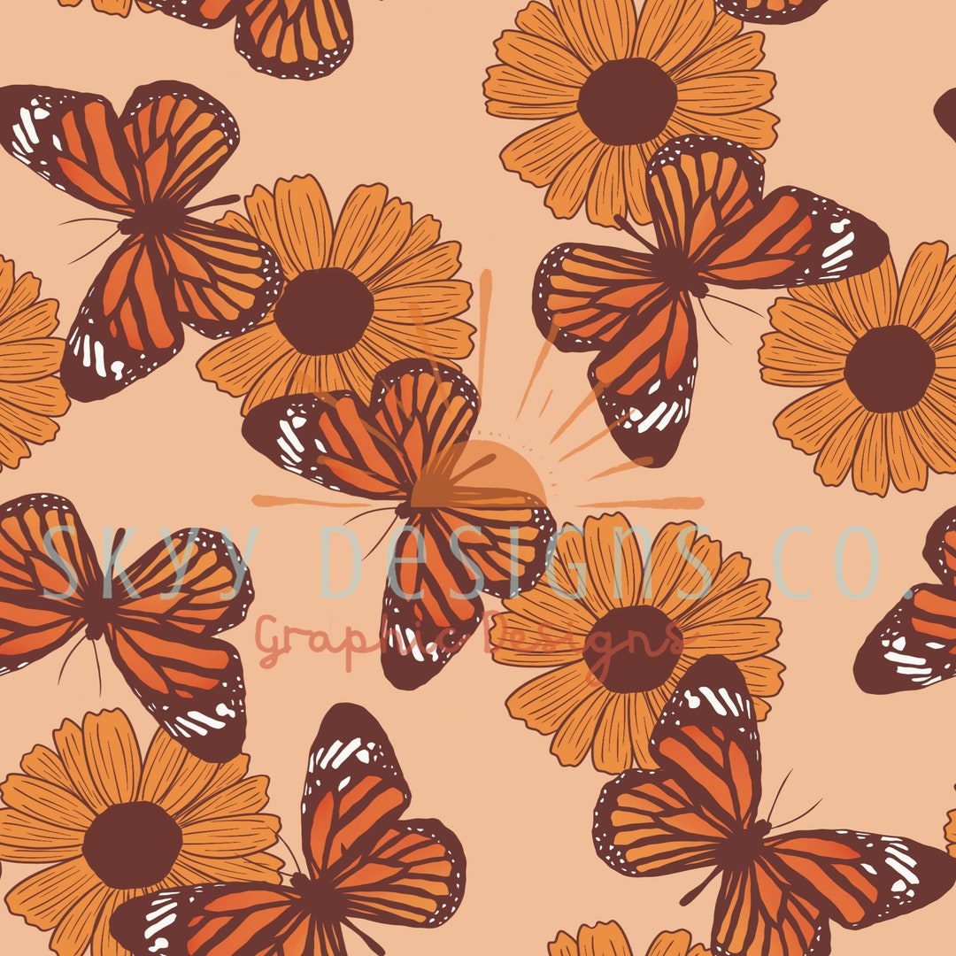 Boho Butterfly Sunflower Digital Seamless Pattern for Fabrics and ...