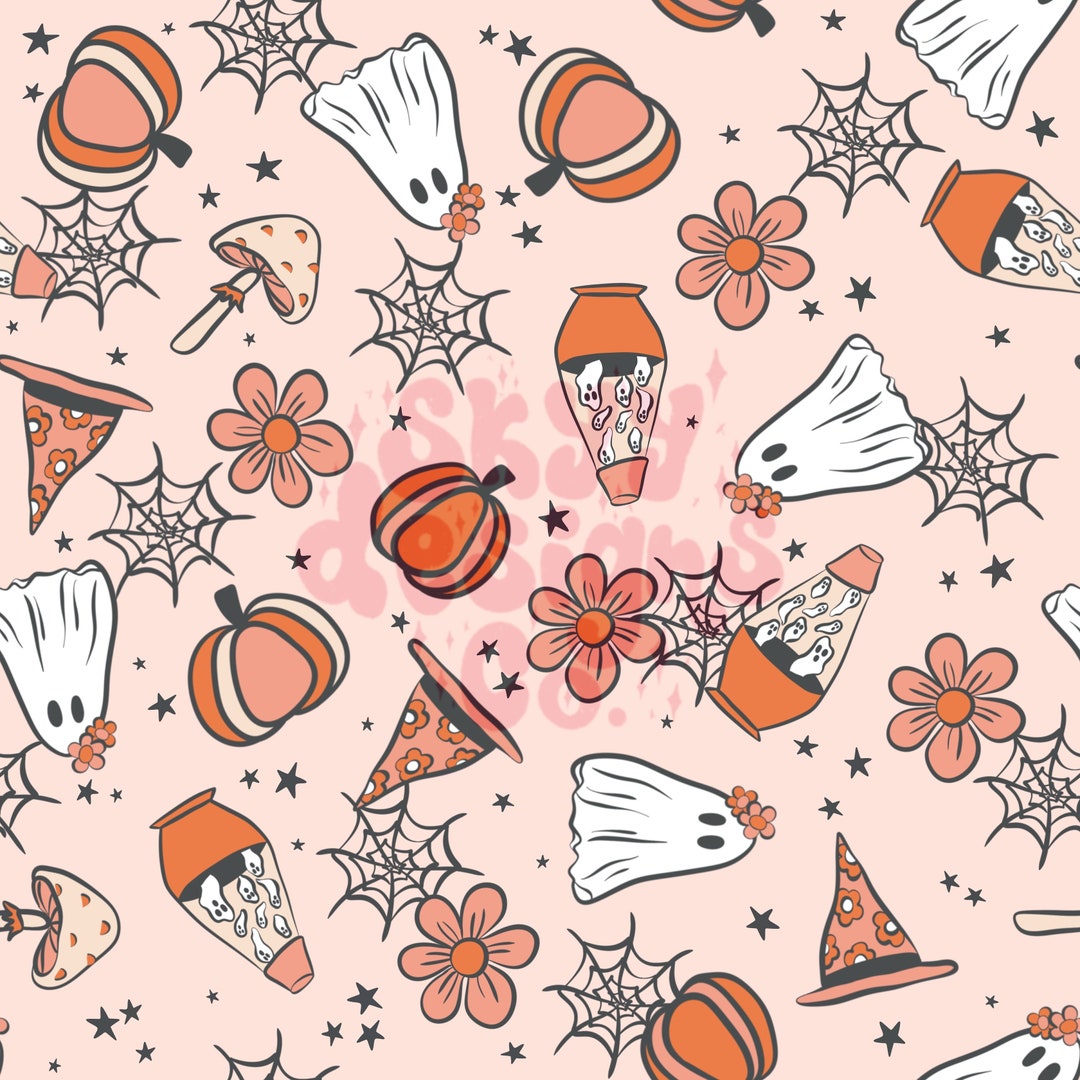 Peach Halloween Ghosts Seamless Pattern, Spooky Girly Pattern Paper ...