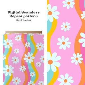 Groovy Retro Summer Daisy Waves Seamless Pattern for Retro Floral ...