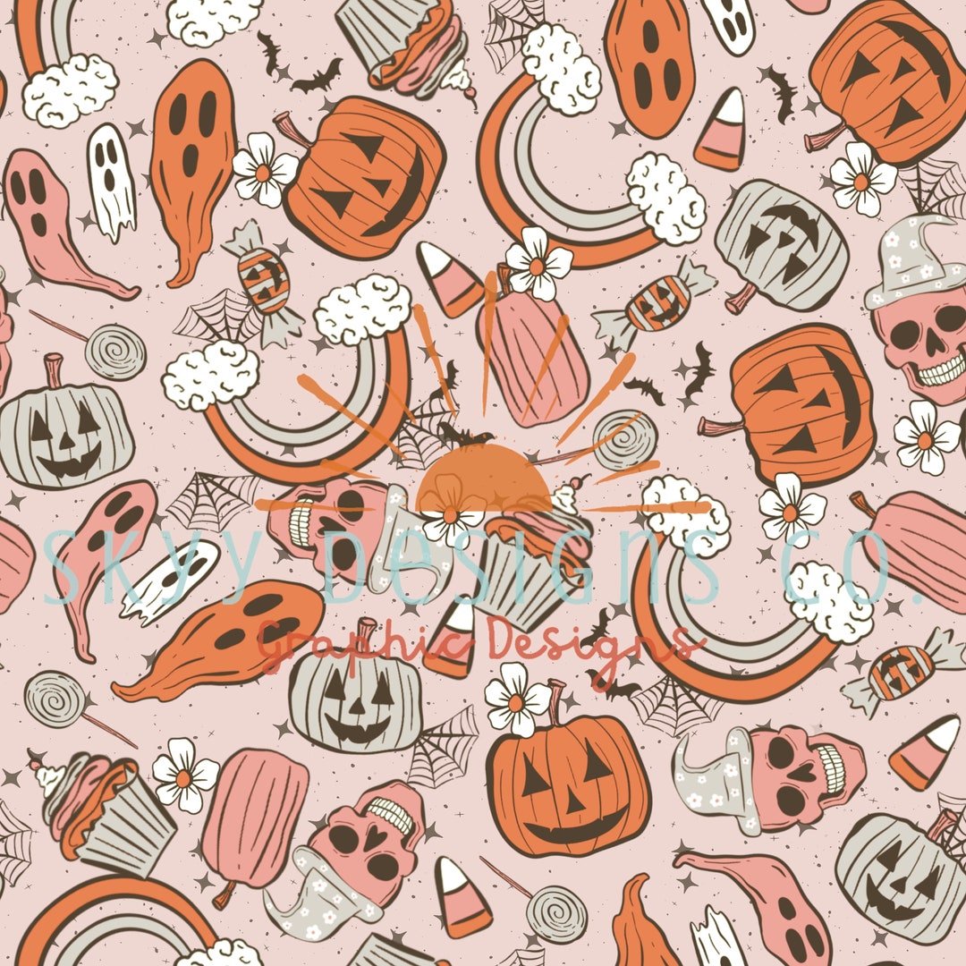 Pastel Trendy Halloween Pumpkins Digital Seamless Pattern for Fabrics ...