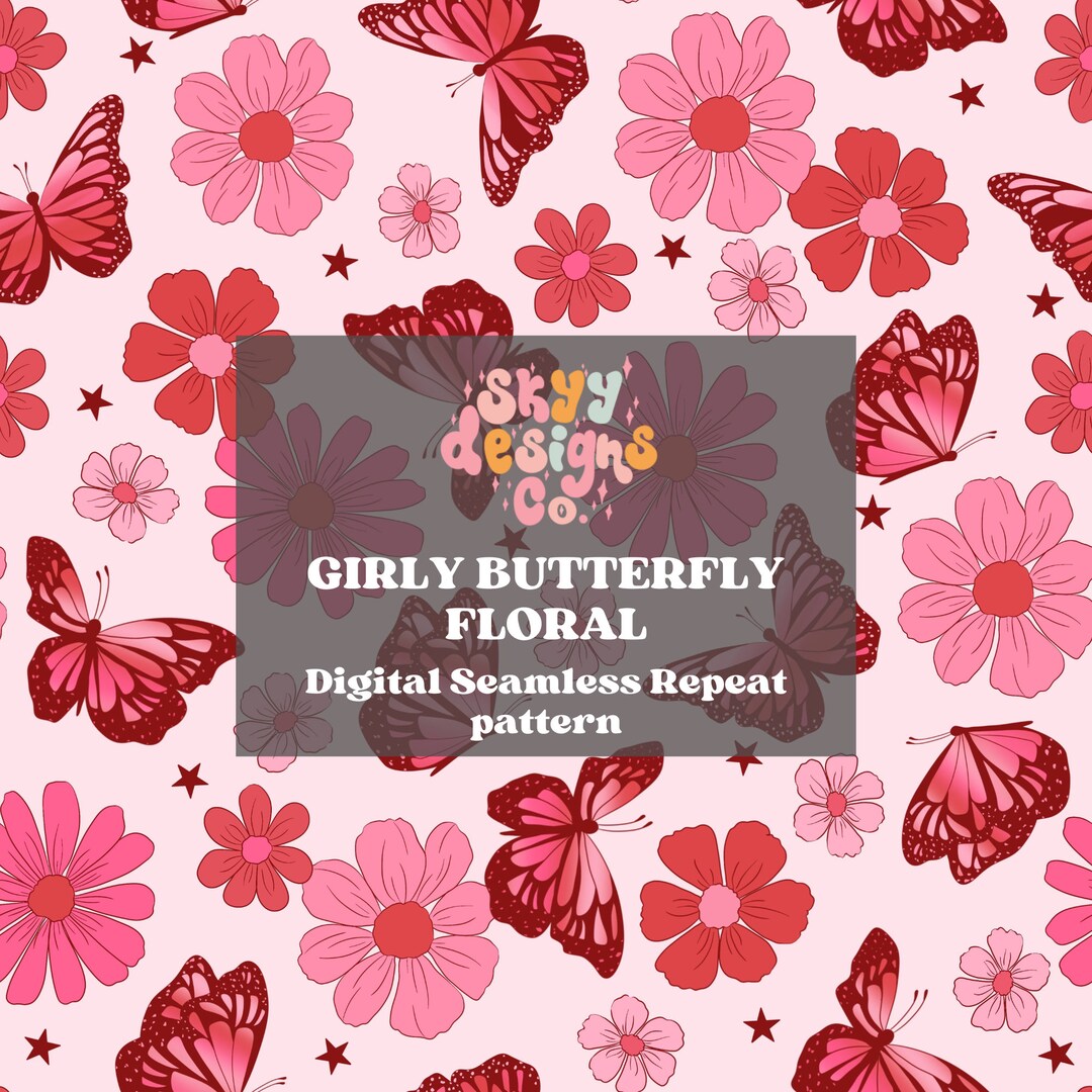 Girly Pink Butterfly Floral Digital Seamless Pattern for Valentines Day ...
