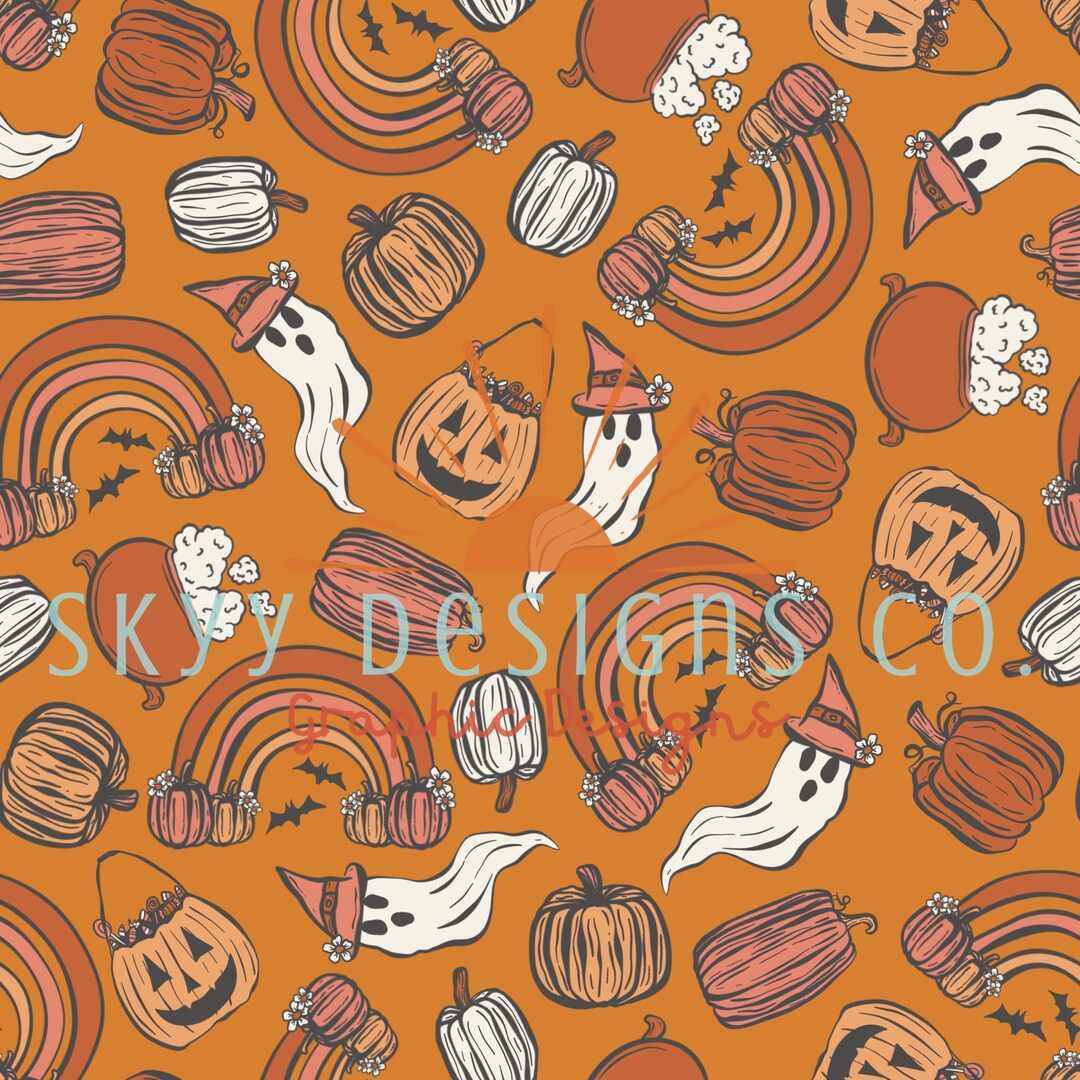 Orange Rainbow Ghosts Halloween - Digital Seamless Pattern for Fabrics ...