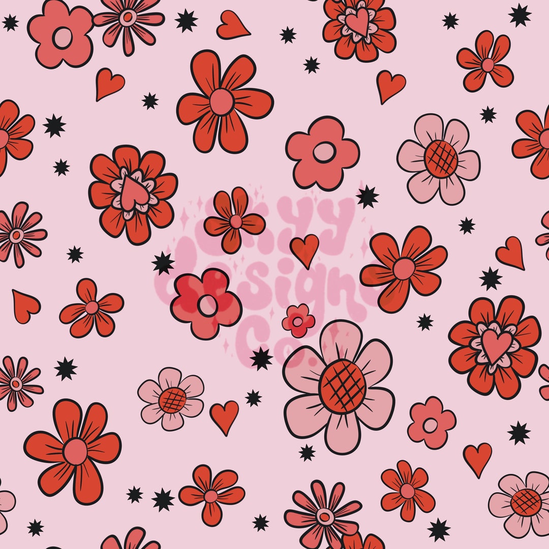 Red and Pink Retro Daisy Seamless File, Valentines Seamless Pattern ...