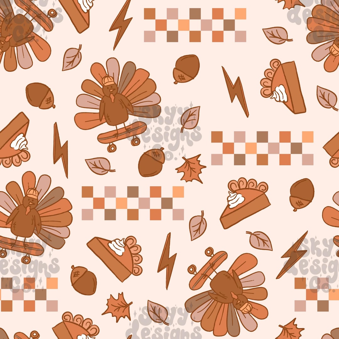 Boys Skateboarding Turkeys Seamless Pattern for Thanksgiving, Fall ...