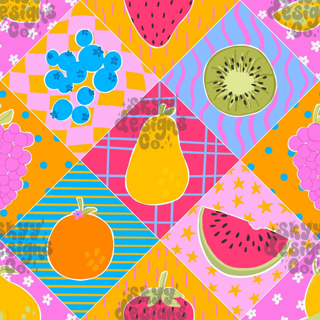 Bright Trendy Fruit Patchwork Seamless Pattern for Summer, Bright ...