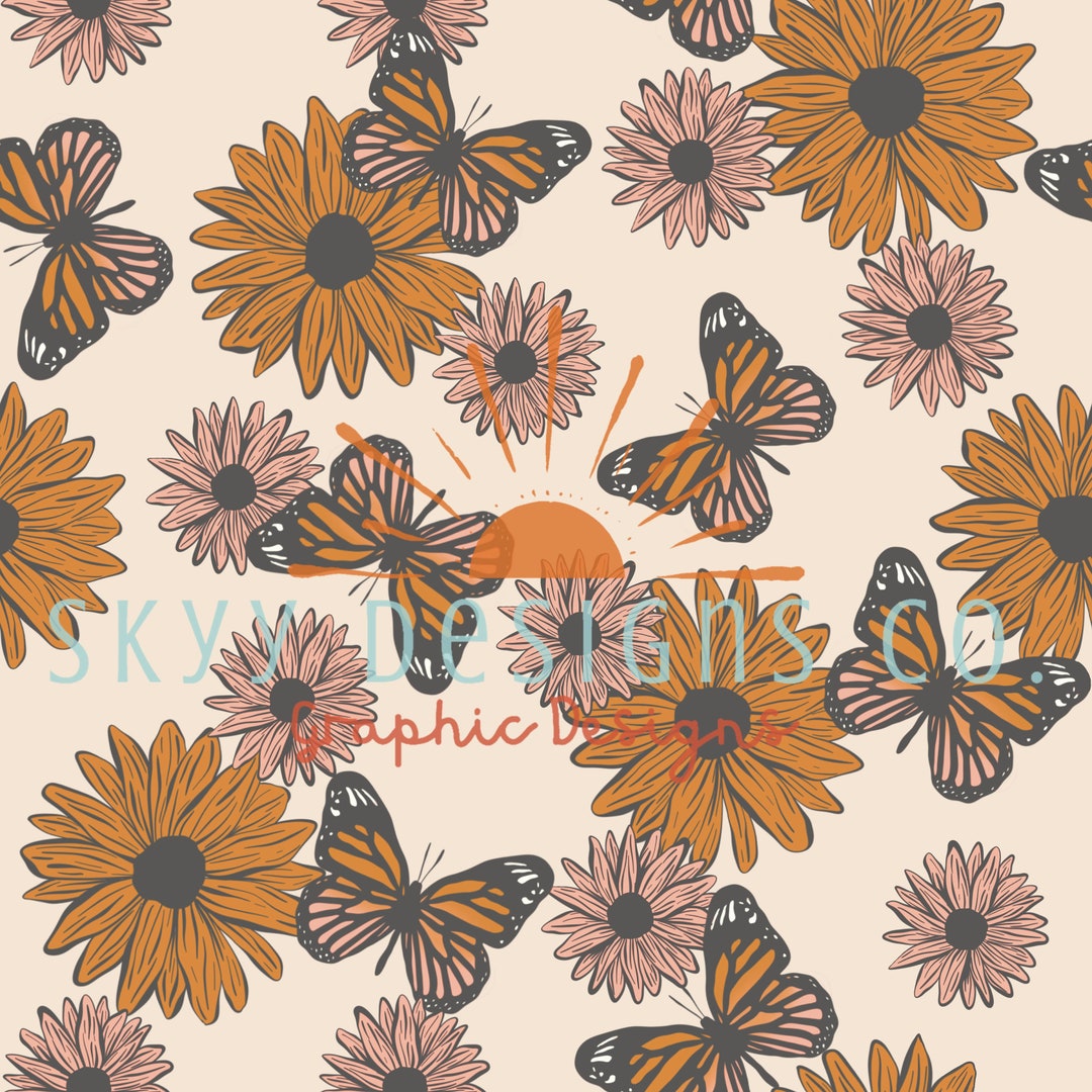 Boho Butterfly Sunflower Digital Seamless Pattern for Fabrics and ...