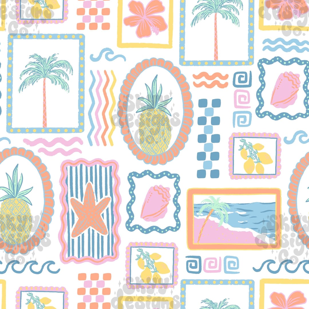 Pastel Beach Patchwork Seamless Pattern for Summer, Tropical Stamps ...