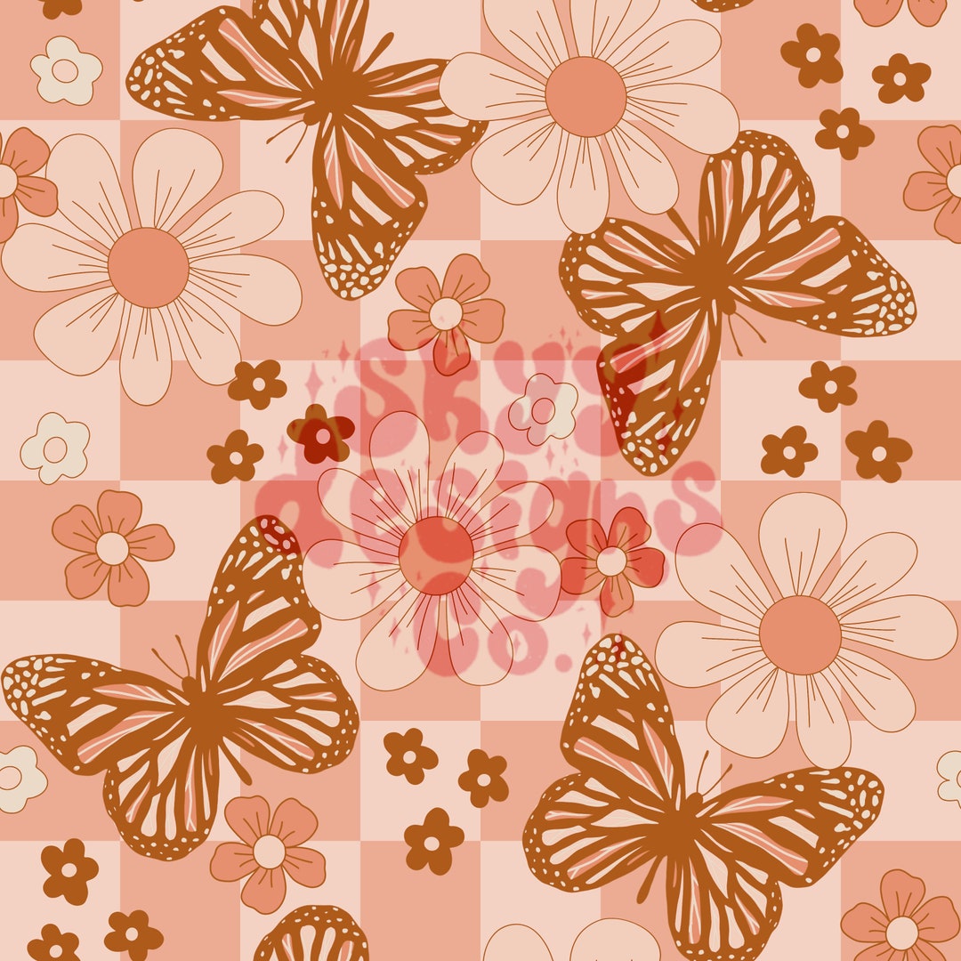 Checkered Butterfly Floral Seamless Pattern, Retro Spring Pattern Paper ...