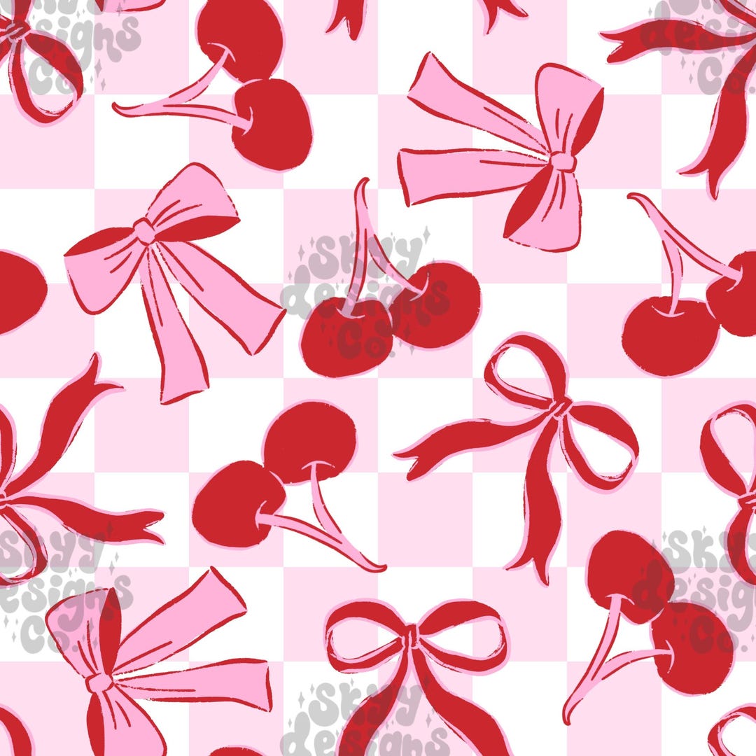 Checkered Coquette Cherry Bows Seamless Pattern Design for Valentine's ...