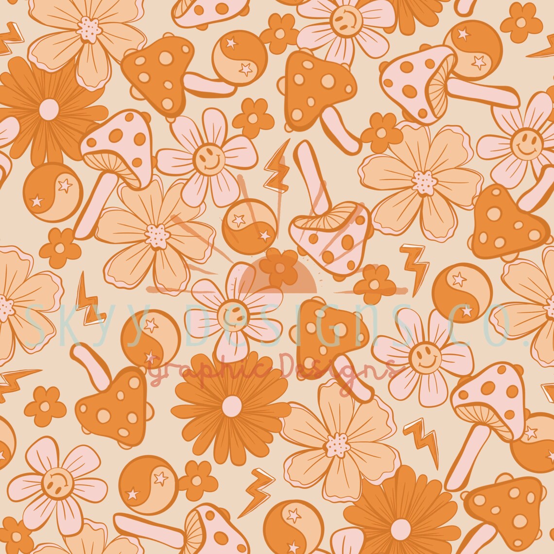 Retro Neutral Groovy Mushroom Floral Digital Seamless Pattern - Etsy