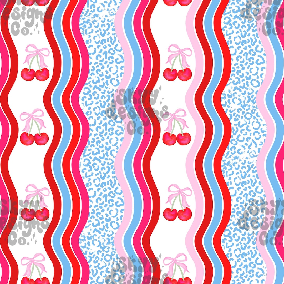 Wavy Coquette Cherry Bows Seamless Pattern Design for Summer, Retro ...