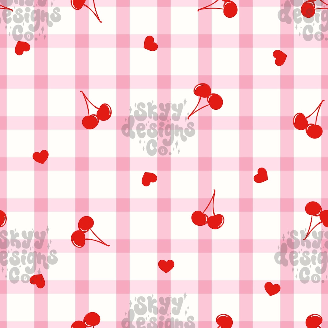 Pink Gingham Cherries Seamless Pattern Design for Valentine's Day ...
