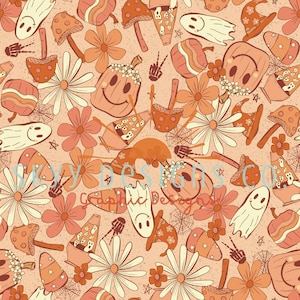 Retro Halloween Ghosts and Pumpkins Digital Seamless Pattern for ...