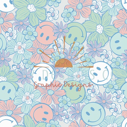 Papercraft Smiley face Pastel Seamless Pattern flowers | spring Rainbow ...