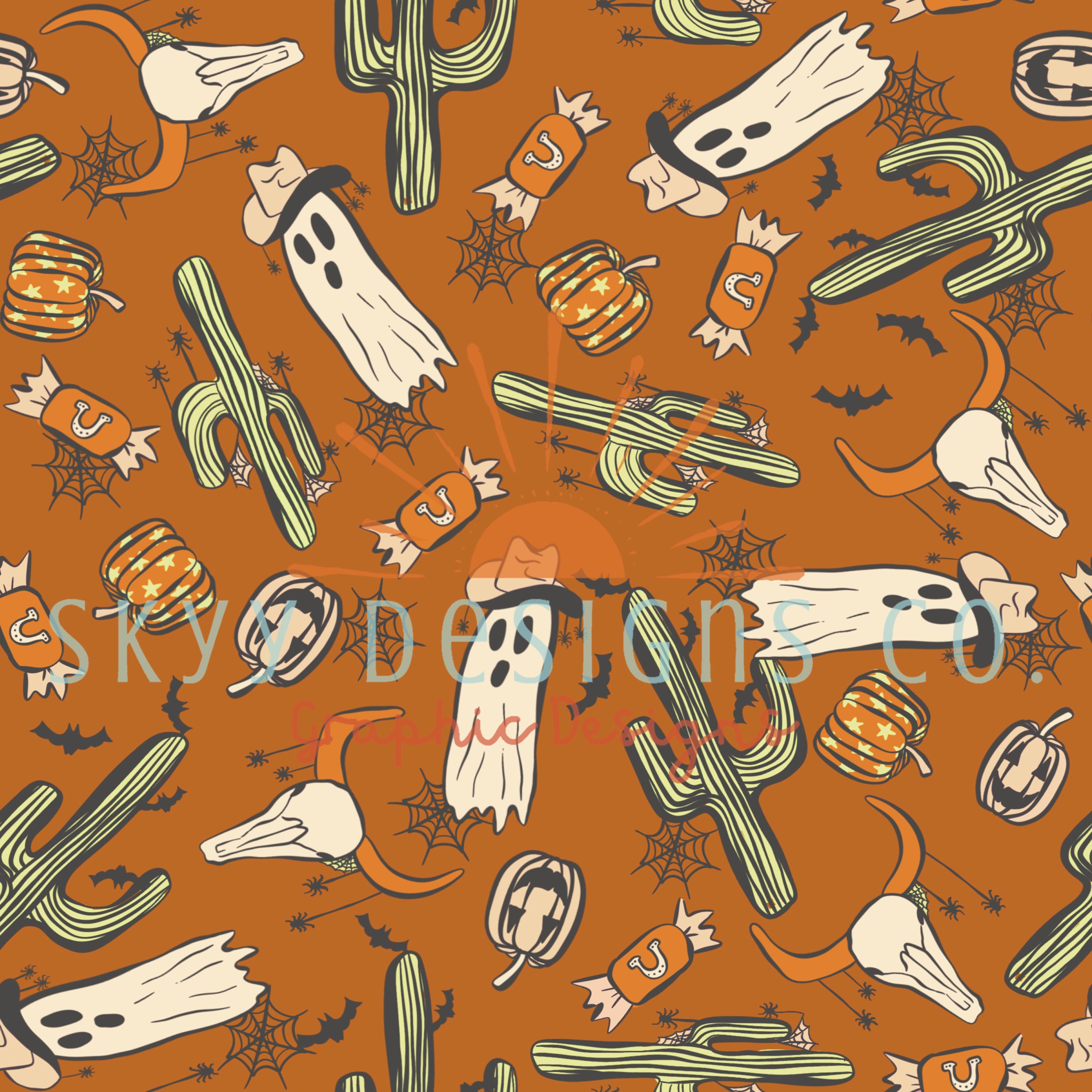 Western Spooky Cactus and Ghosts Halloween Digital Seamless - Etsy