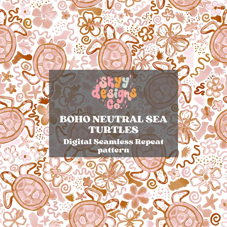 Boho Watercolor Sea Turtles Seamless Pattern for Summer, Neutral Beach ...