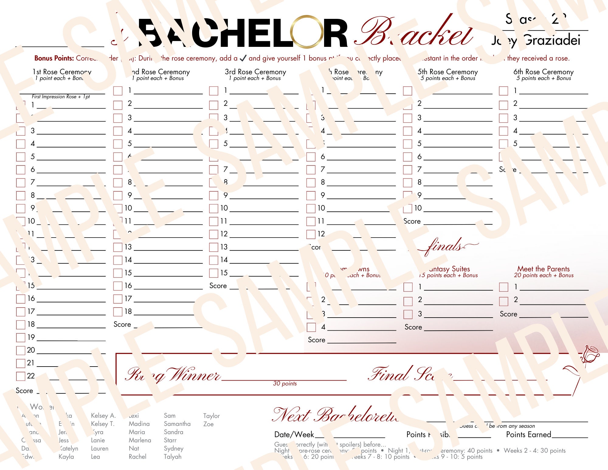Season 28 Bachelor Bracket Joey Graziadei Personal Brackets and Team ...