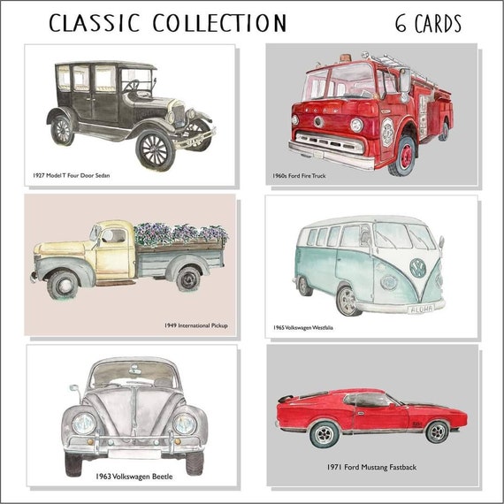 Classic Car Watercolor Greeting Card Collection With - Etsy