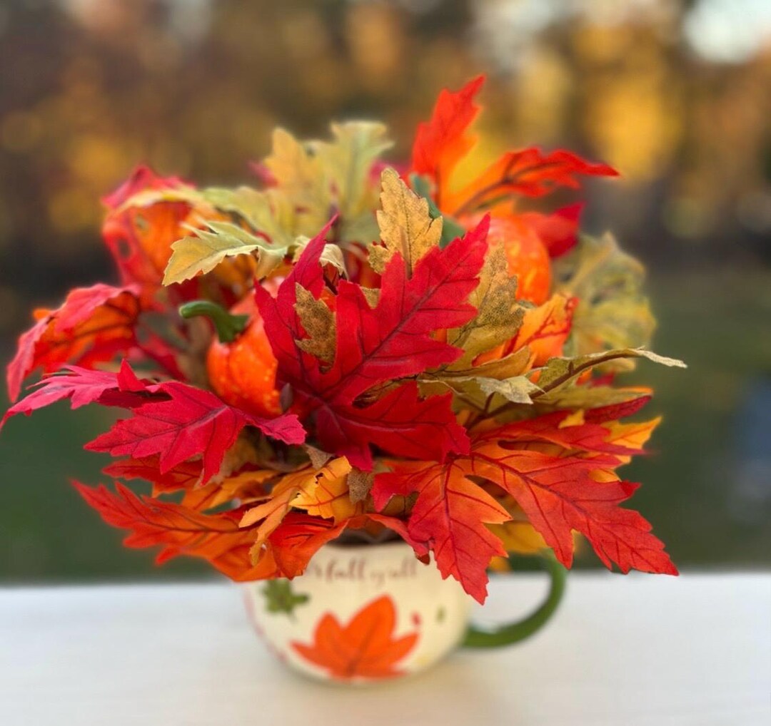 Fall Leaves Centerpiece, Fall Decor, Artificial Leaves, Mug Arrangement ...