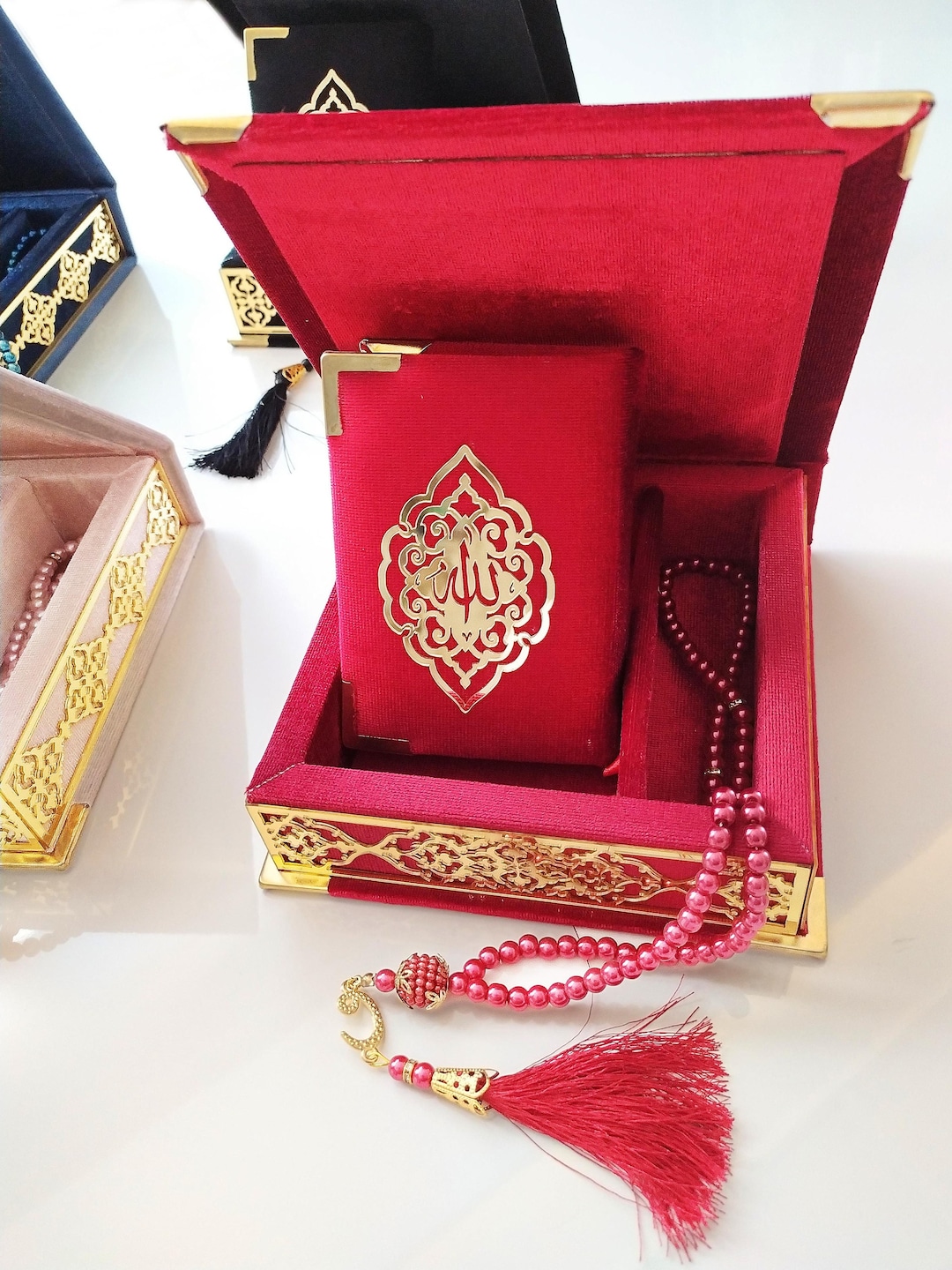 Velvet Quran Tasbeeh Gift Set Quran Pearl Prayer Beads Islamic Gift Set ...