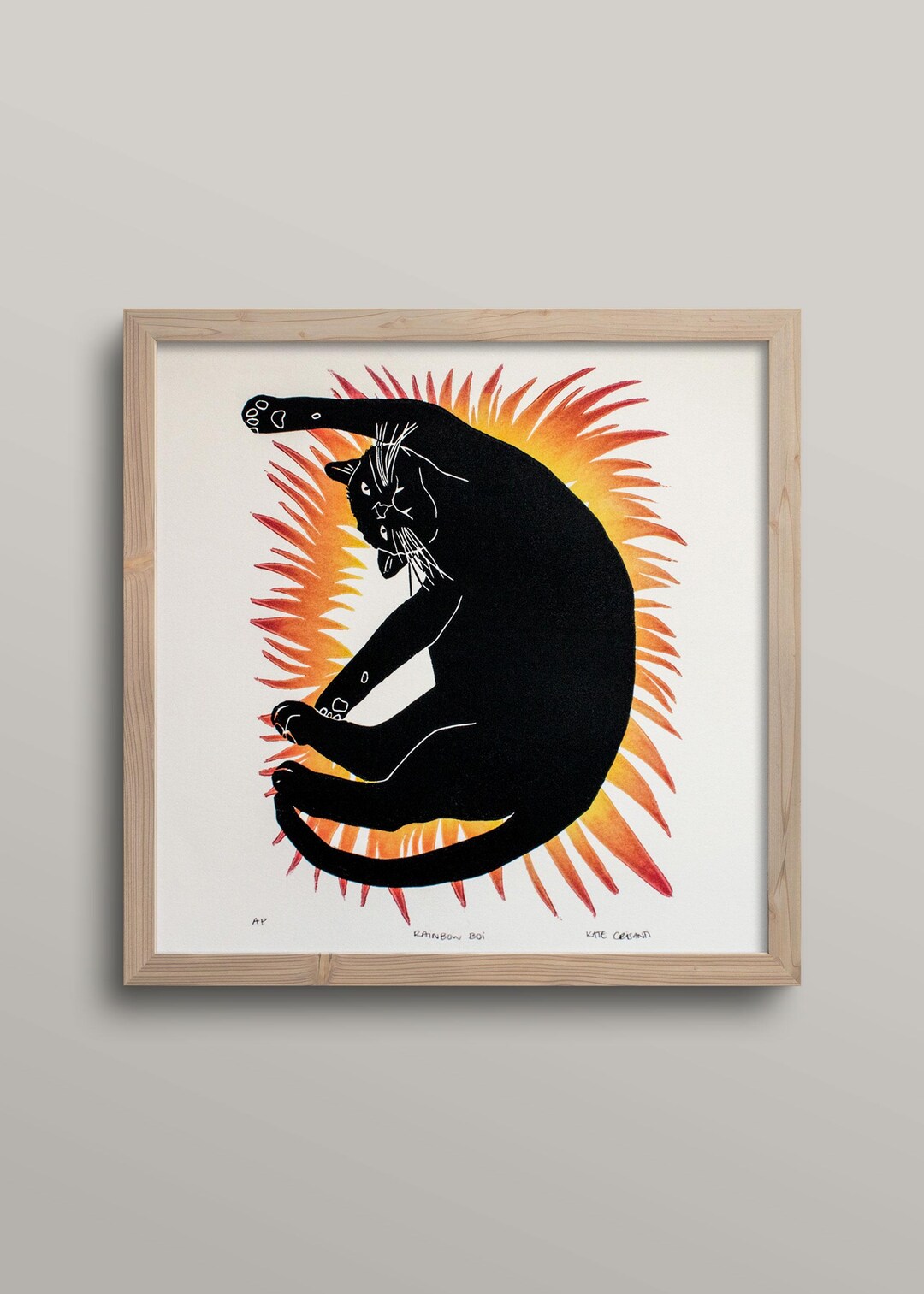 Sunbeam Boy; Cat in Rainbow + Copper Sunbeam 12x12" Hand Carved Linocut ...