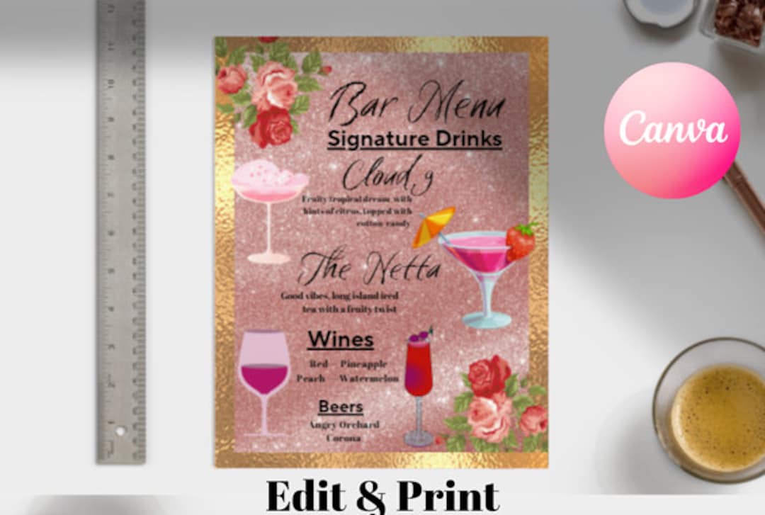 Gold & Pink Party Drink Menu Template for Canva - Etsy