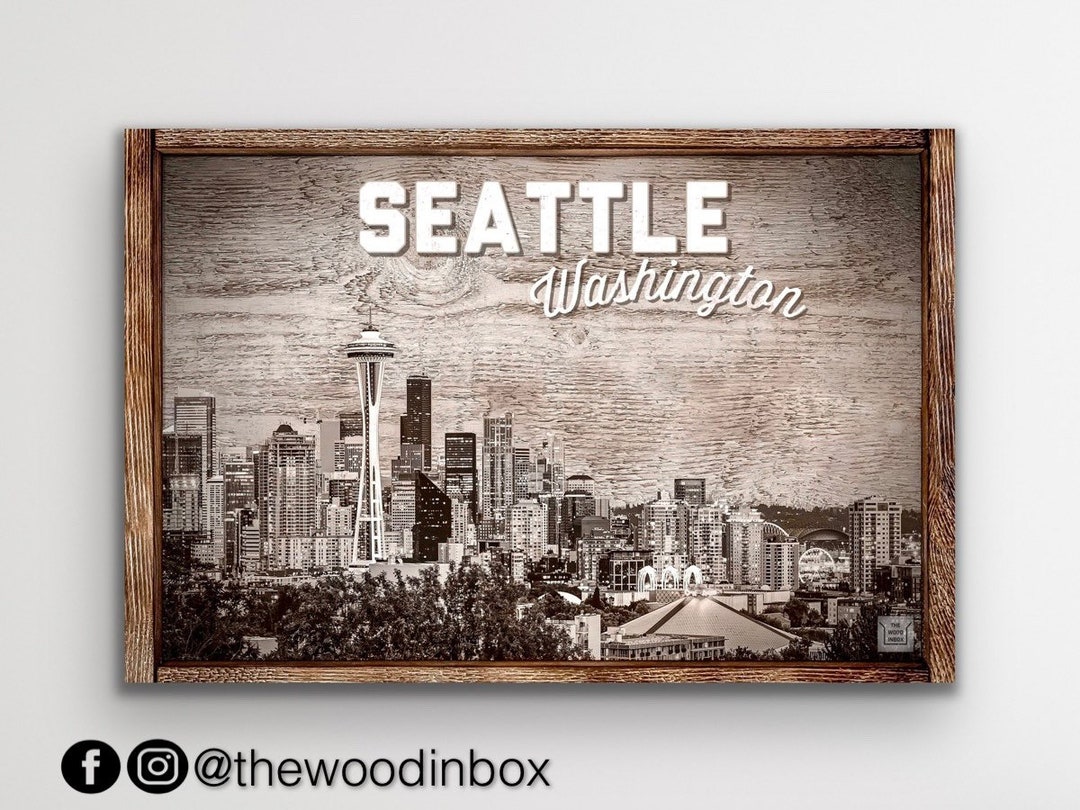 Sepia Seattle Skyline Wall Art Farmhouse, Rustic, Vintage Washington ...