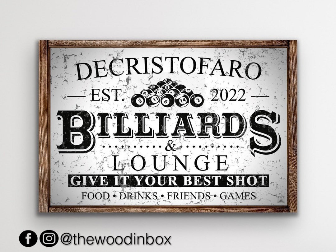 Personalized Billiards Sign white Billiards and Lounge Game Room, Bar ...