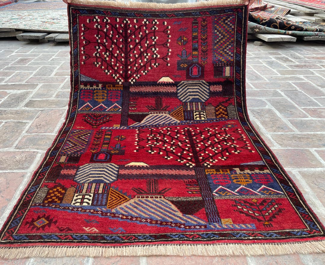 FREE SHIPPING 3x5 Red Pictorial Scenery Scene Baluch Fine Tribal Rug ...