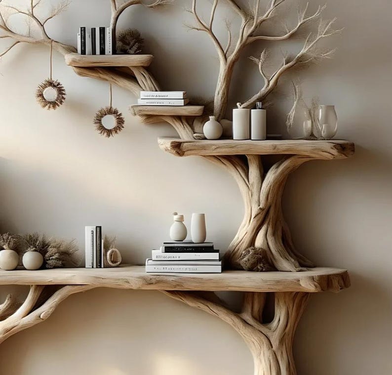 Rustic Tree Branch Bookshelf With Farm Table Handmade by Natural Wood ...