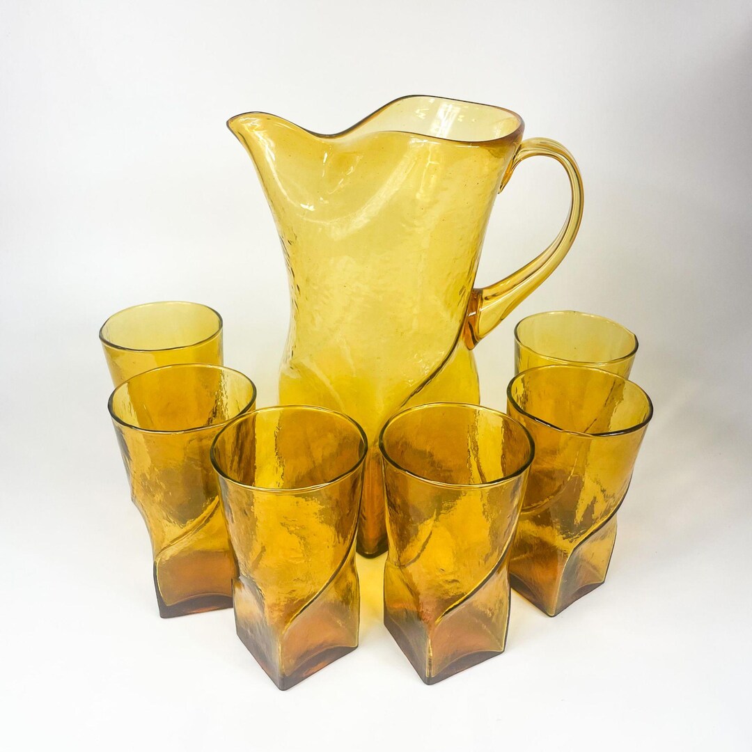 Morgantown Swirl Topaz Mid Century Modern Art Glass Water Pitcher and 6 ...