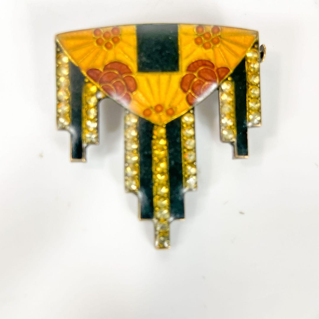 Vintage Pierre Bex Art Deco Brooch Black Enamel Rhinestones Trombone ...