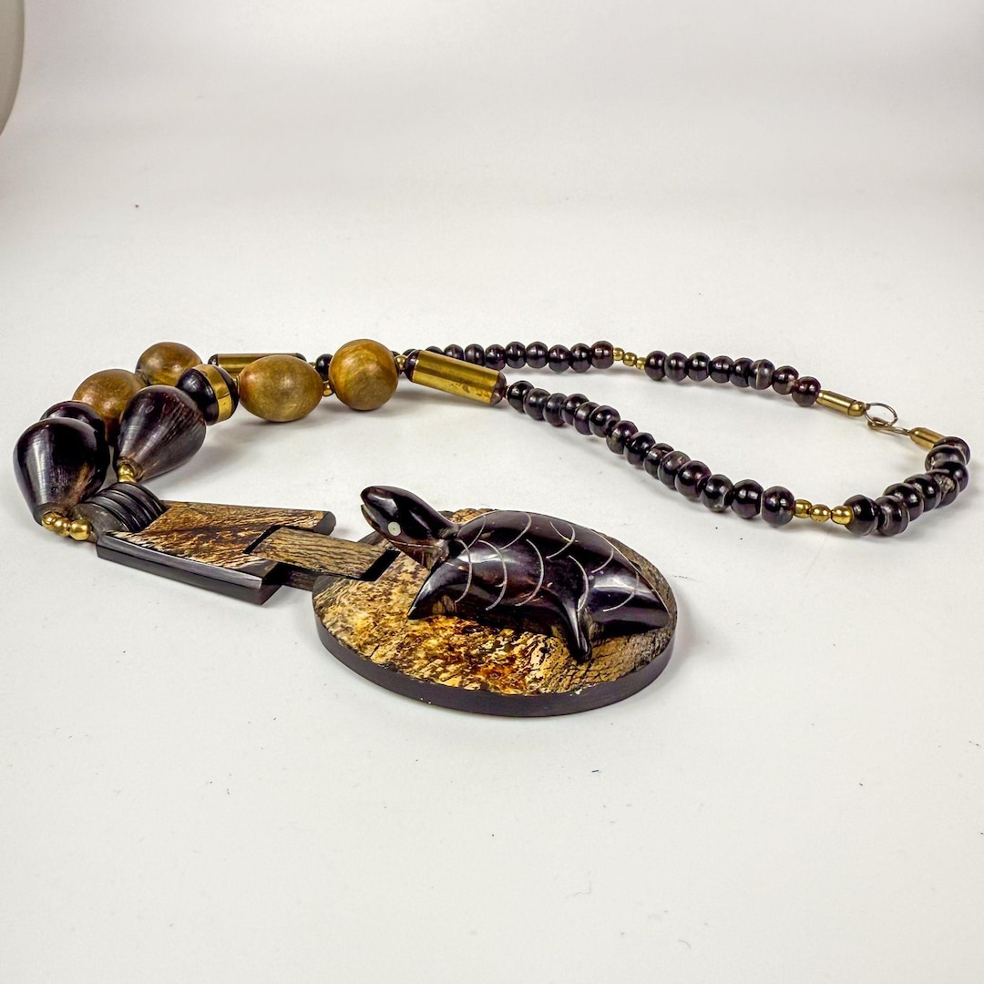 Artisan Tribal Carved Horn Ebony Wood Brass Chunky Turtle Pendant ...