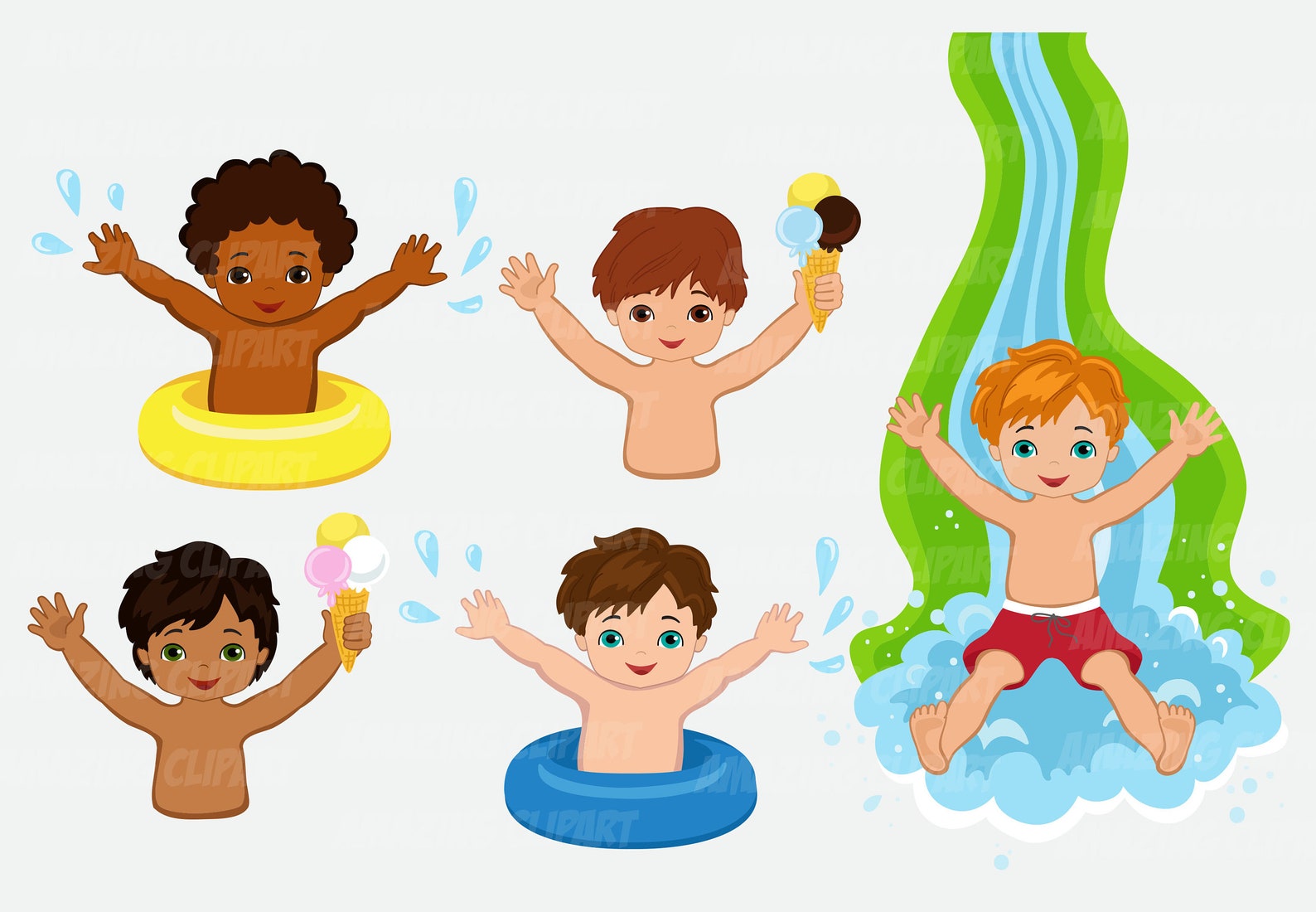 Pool Party Beach Clipart Water Slide Boy Clipart Pool | Etsy