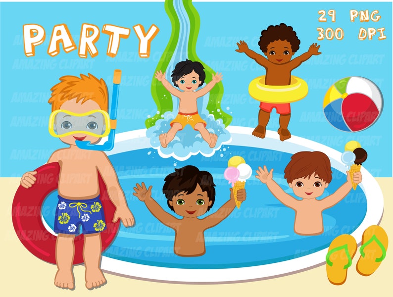Pool Party Beach Clipart Water Slide Boy Clipart Pool | Etsy