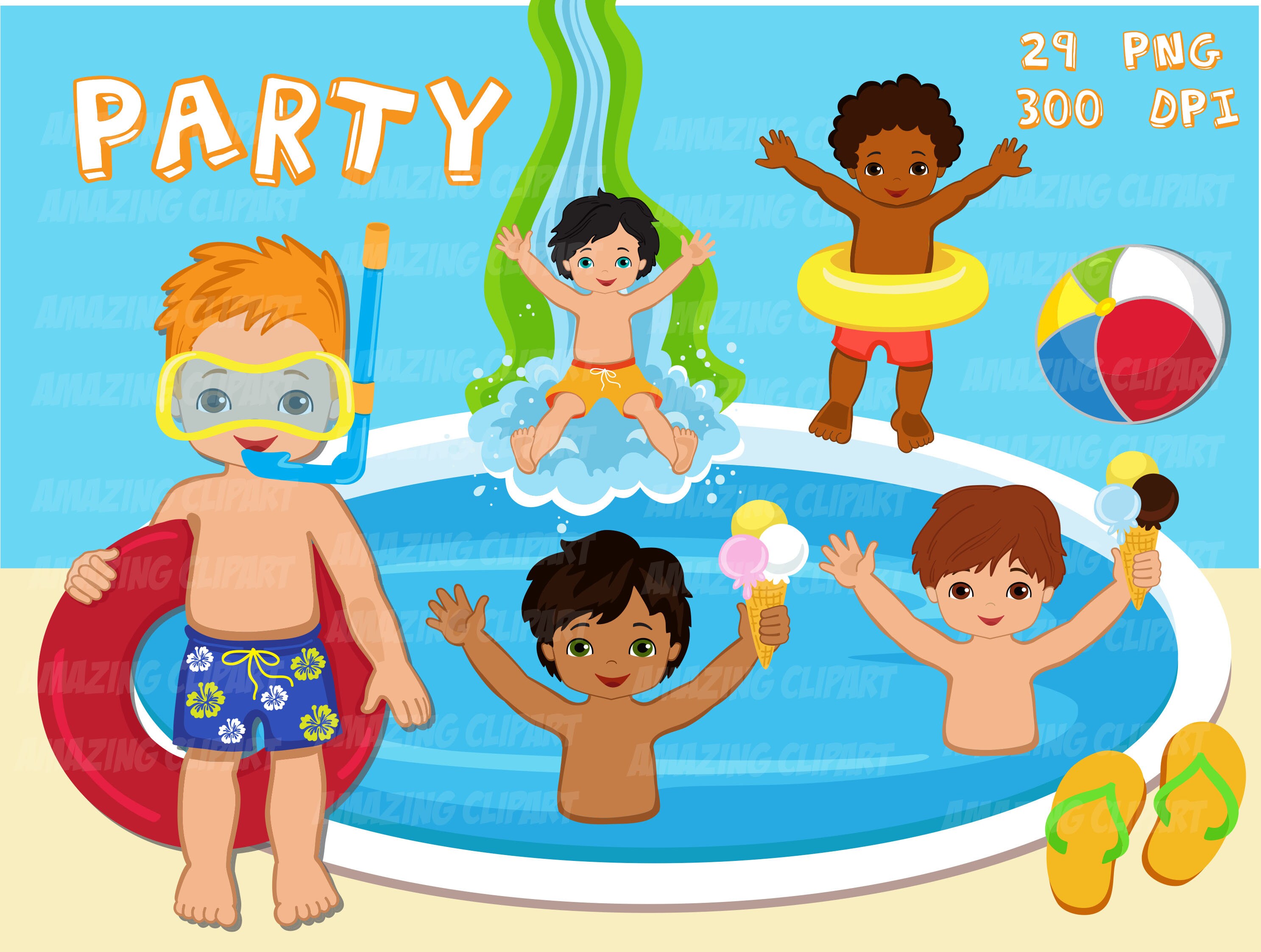 Pool Party, Beach Clipart, Water Slide Boy Clipart, Pool Clipart ...