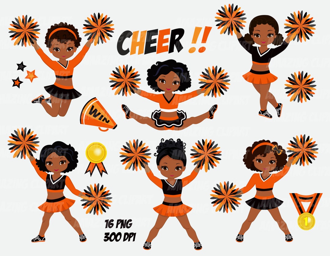 Orange Black Cheerleader Clipart, Pom Pom, Sport, Black Cheerleader PNG ...