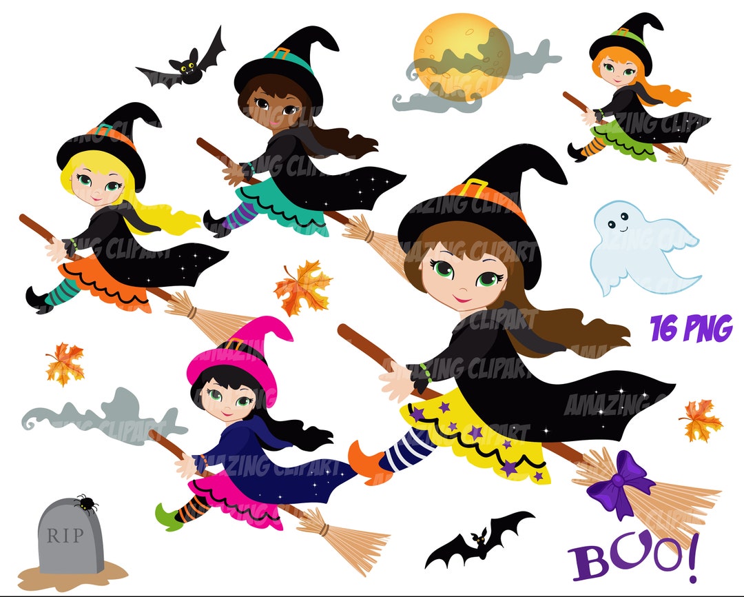 Witches Fly Characters Clipart, Witches Clipart, Halloween Clipart ...