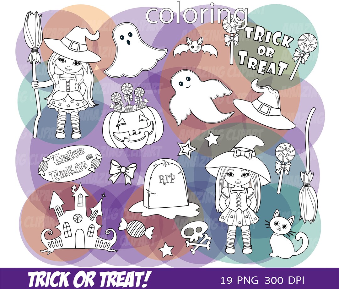 Trick or Treat - Digital Clipart Set, Halloween Clipart Coloring ...