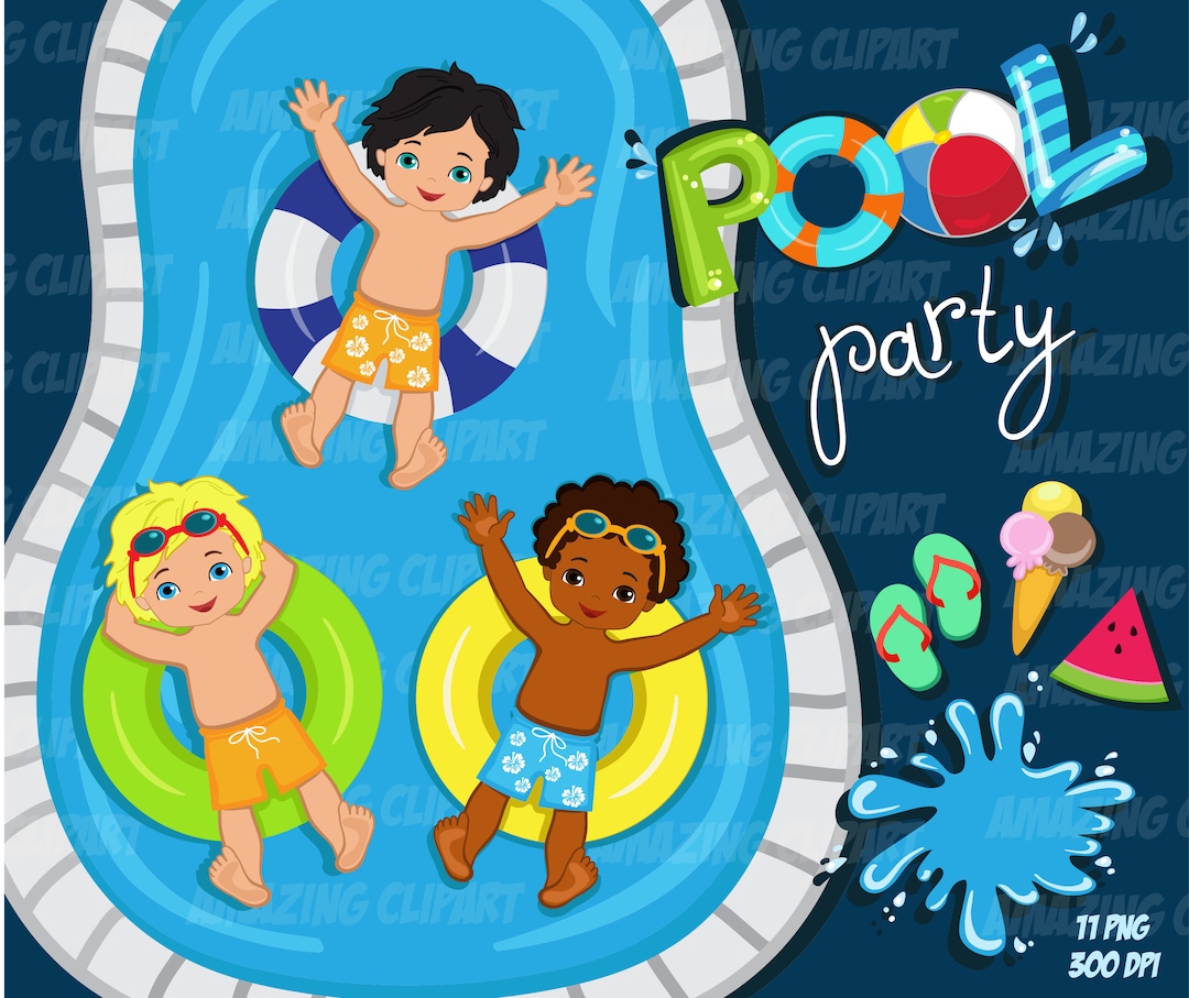 Pool Party Clipart Boys. Little Boys With Pool Party Banner, Ice Cream ...