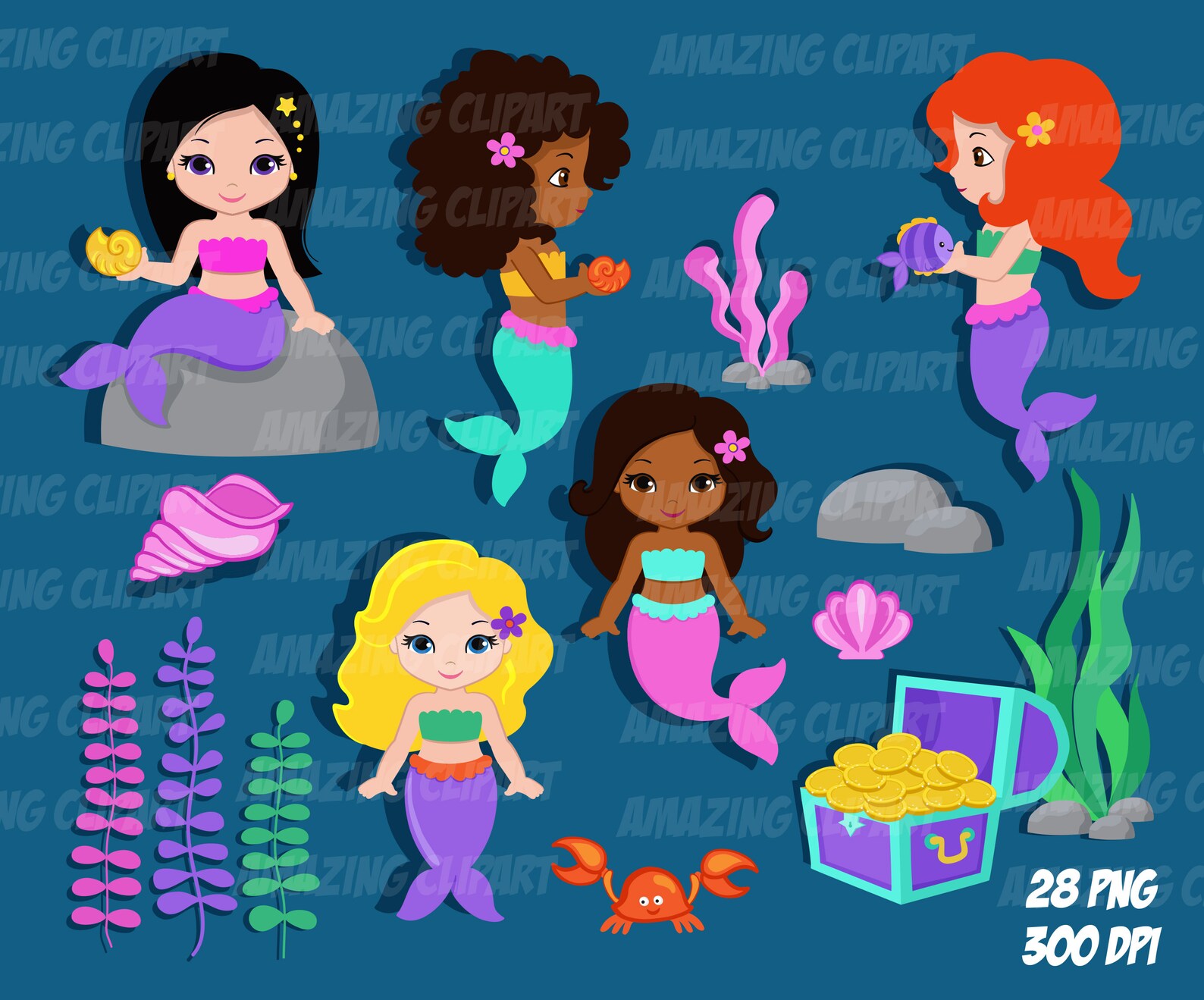 Mermaid Princess Cute Mermaids Clip Art Mermaid Clipart - Etsy