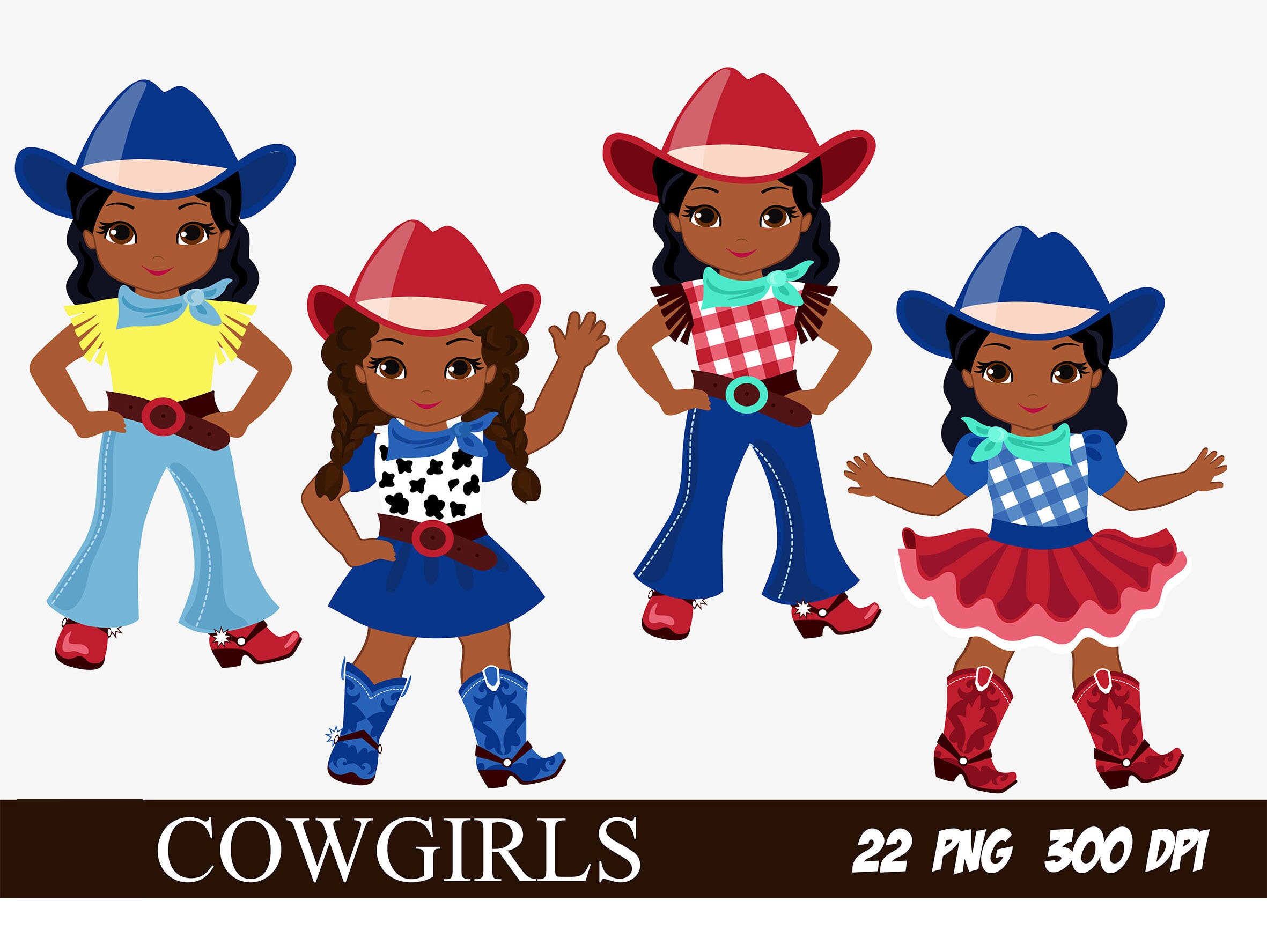 Cute Cowgirl Clipart Multicultural Instant Download Western Graphics ...