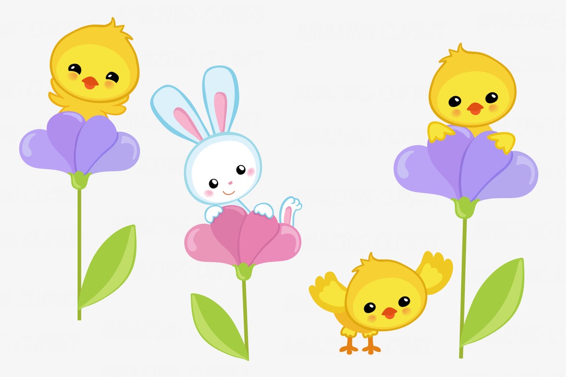 Easter Clipart, Easter Bunny and Chicks Clipart. - Etsy