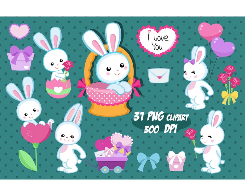 Bunnies Clipart Valentine Clipart Rabbits Clipart. - Etsy