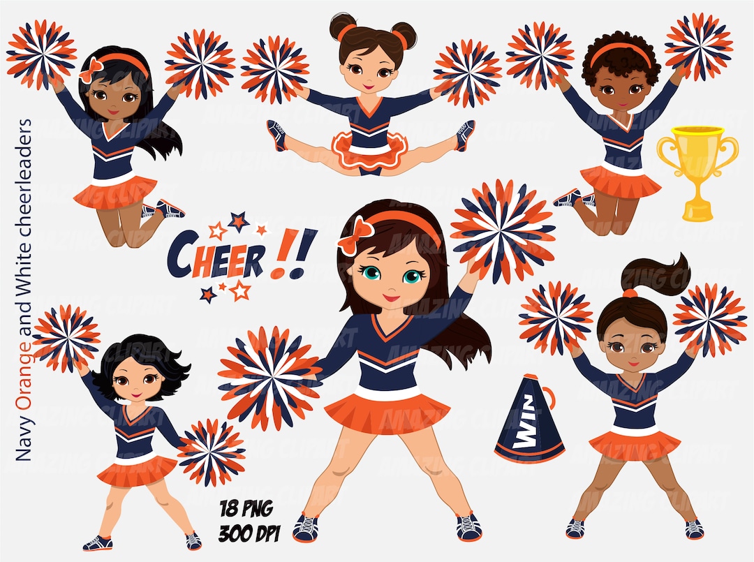 Orange Navy and White Multicultural Team Cheerleader Clipart, Pom Pom ...
