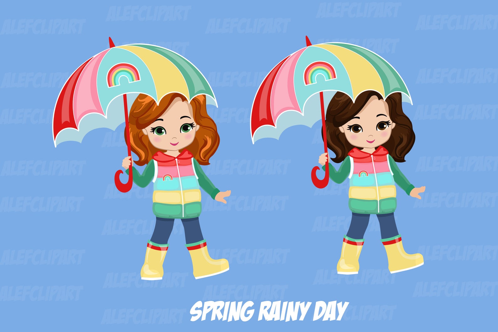 Rainy Day Girls Clipart Cute Girls Rainbow Fashion Girls - Etsy