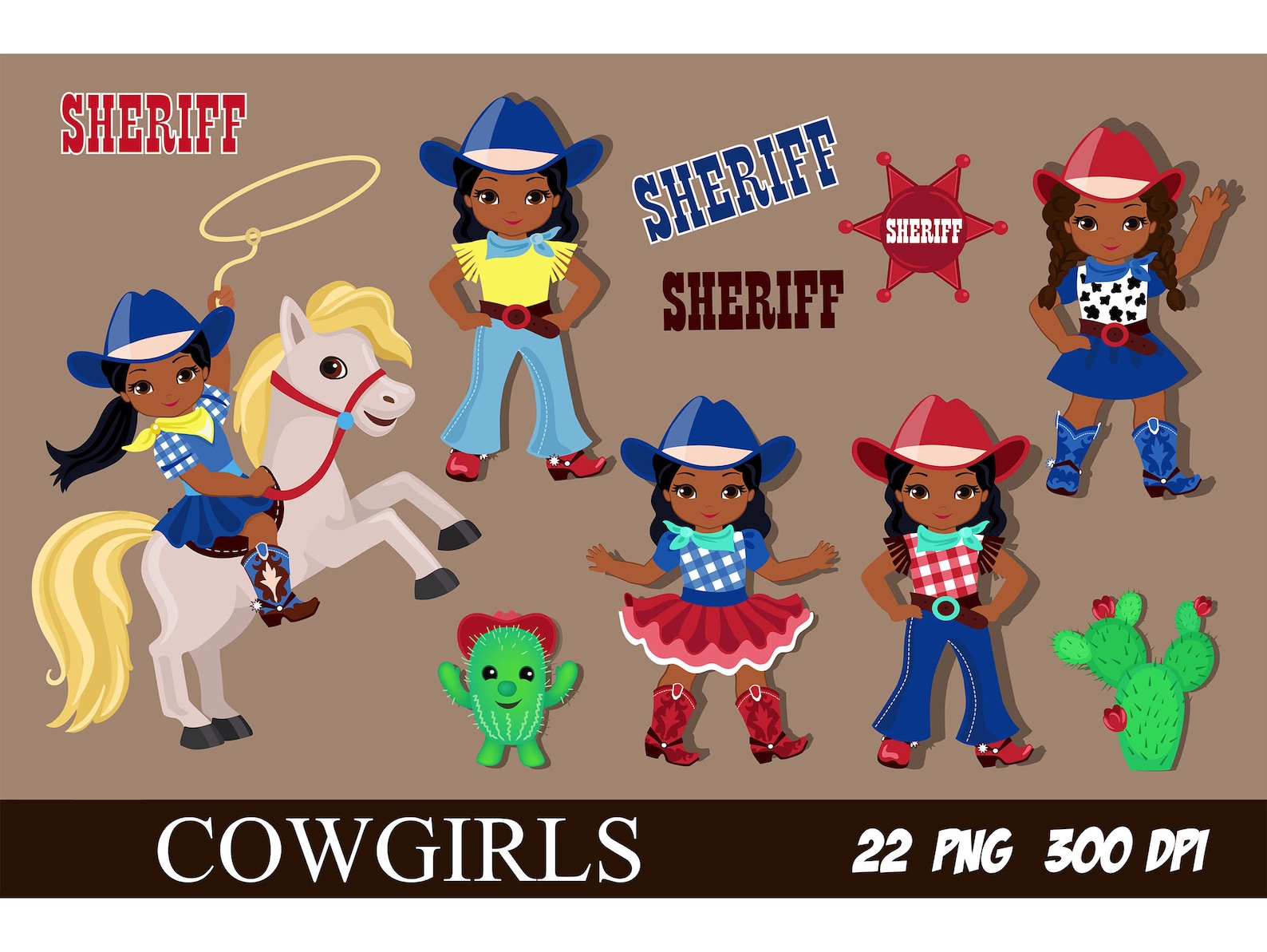 Cute Cowgirl Clipart Multicultural Instant Download Western Graphics ...