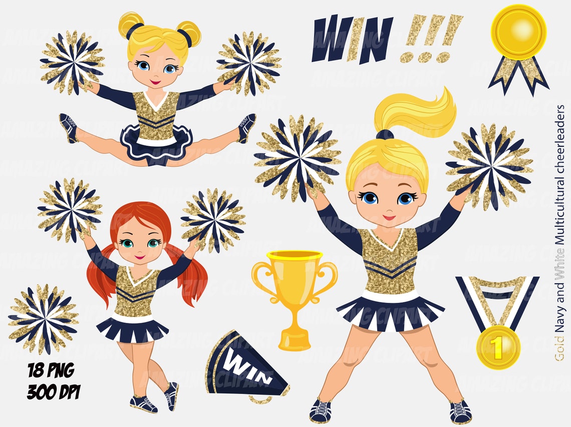 Gold Navy and White Multicultural Team Cheerleader Clipart - Etsy