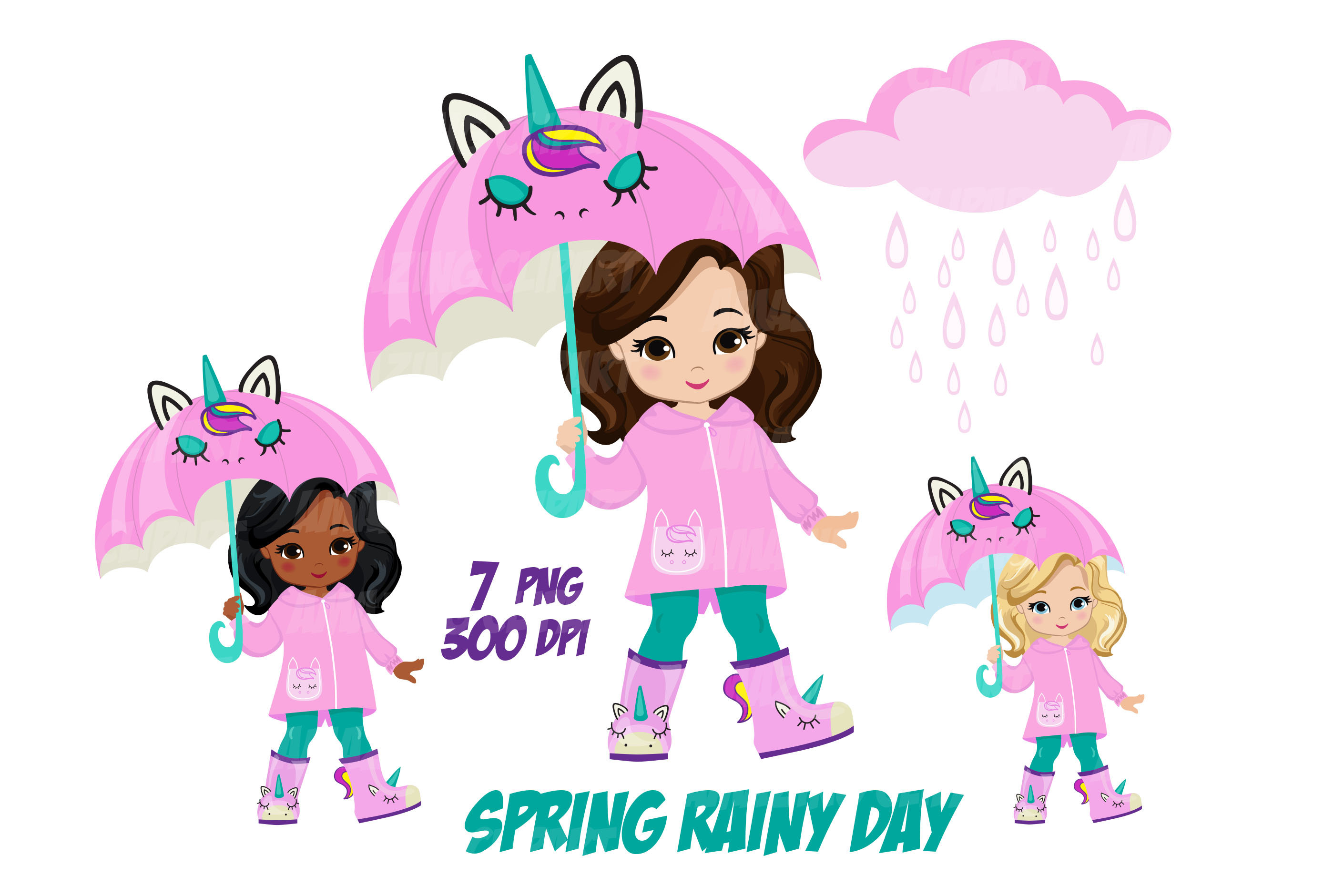 Rainy Day Girls Clipart Cute Girls Rainbow Fashion Girls - Etsy